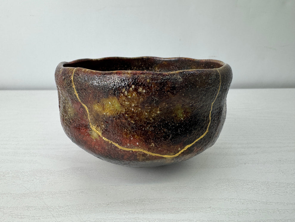 Y10055 CHAWAN Raku-ware kintsugi bowl signed Japan antique tea ceremon ...
