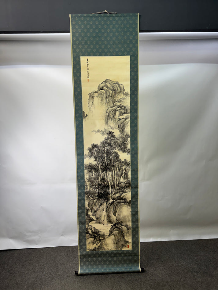 Y10396 KAKEJIKU Hanging scroll ink painting Hermit signed box Japan an ...
