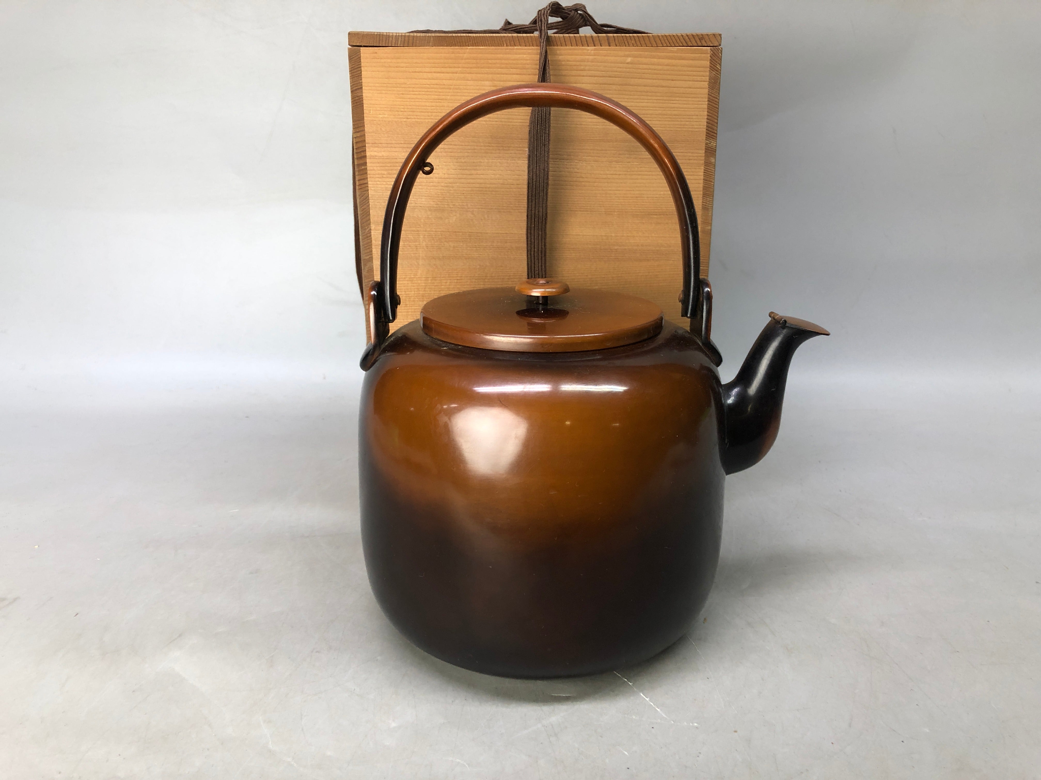 Y8284 KETTLE Copper tea pot signed box teapot Japan antique vintage ki ...