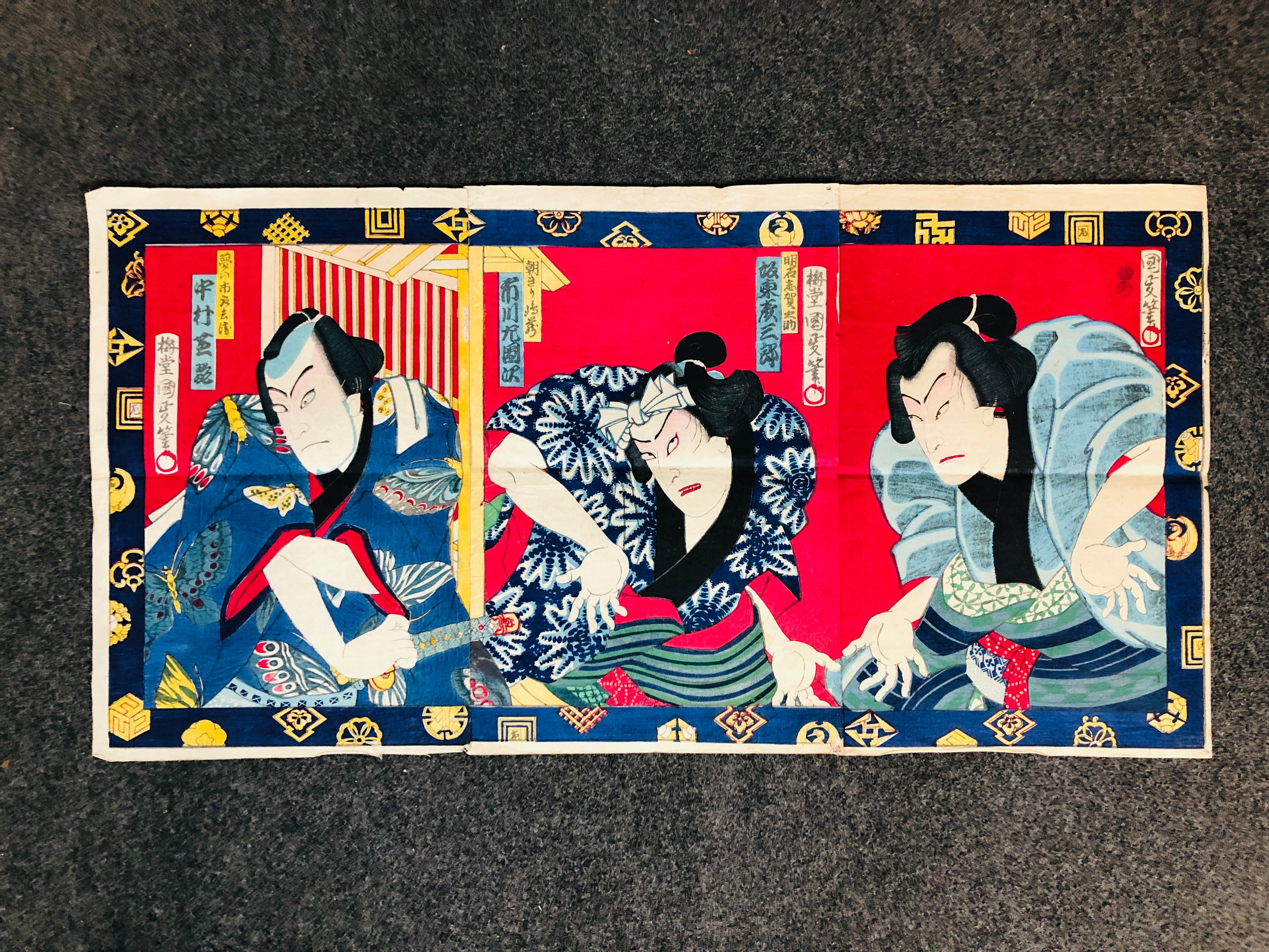 Y6283 [VIDEO] WOODBLOCK PRINT Kunimasa triptych Kabuki Japan Ukiyoe an ...