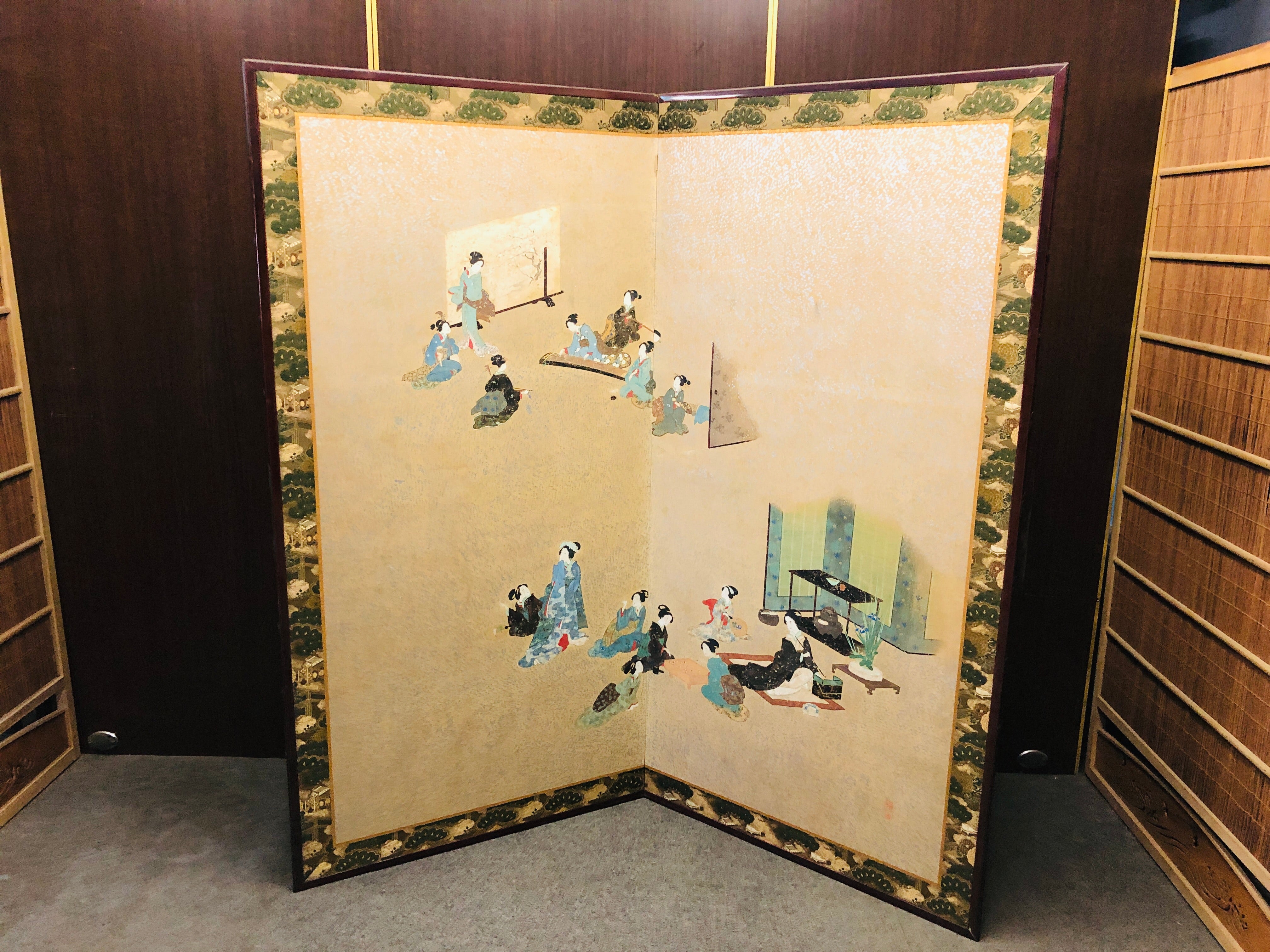 Y6597 [VIDEO] BYOUBU 2-fold Folding screen Beautiful woman signed Japa ...
